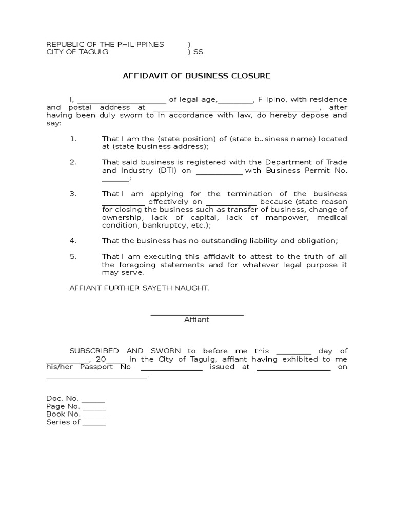 Affidavit of Closure of Business | Affidavit | Business | Free 30-day ...
