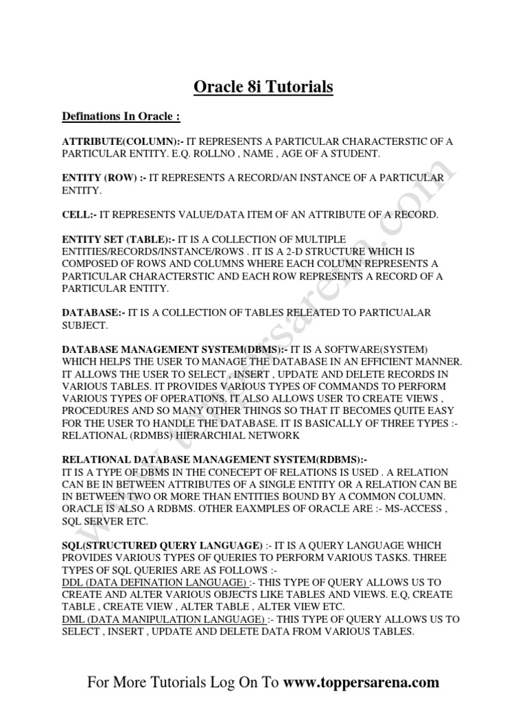 Oracle 8i Tutorials | PDF | Database Index | Databases