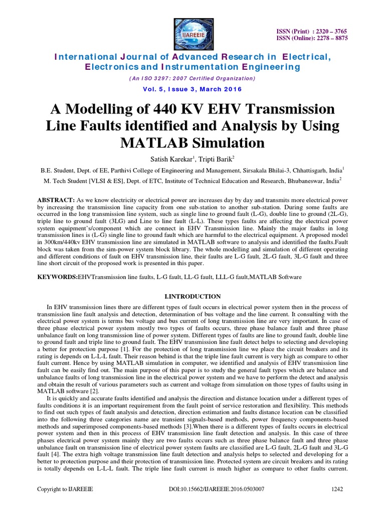 A Modelling of 440 KV Ehv Transmission Line Faults Identified and Analysis by Using Matlab ...