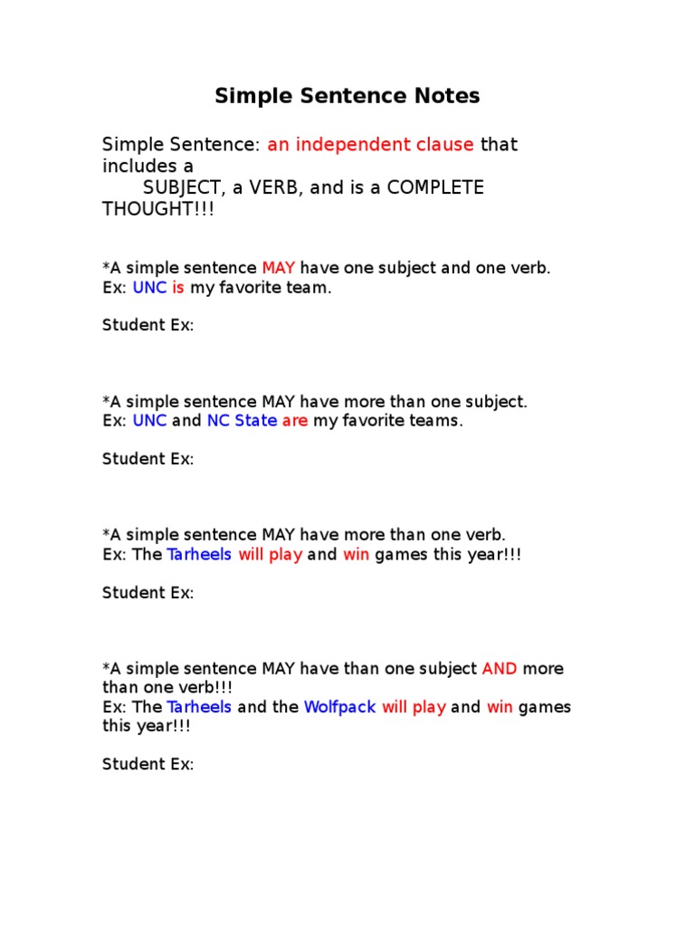 Simple Sentence Notes: Simple Sentence: That Includes A Subject, A Verb ...