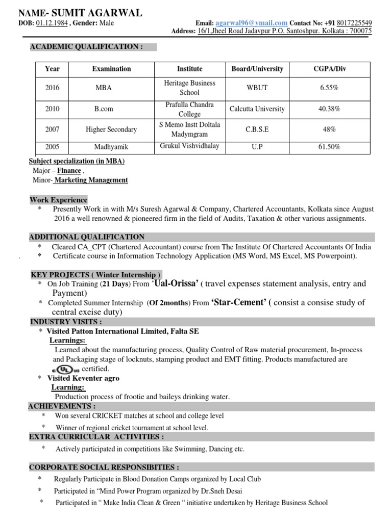 Sumit Agarwal Mba (CV For Job) 1 | PDF