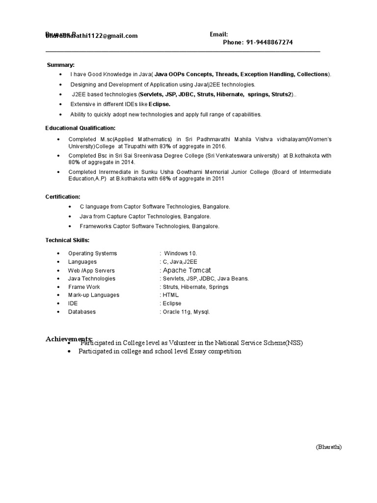 Bharathi Resume | PDF | Java (Programming Language) | Java Server Pages