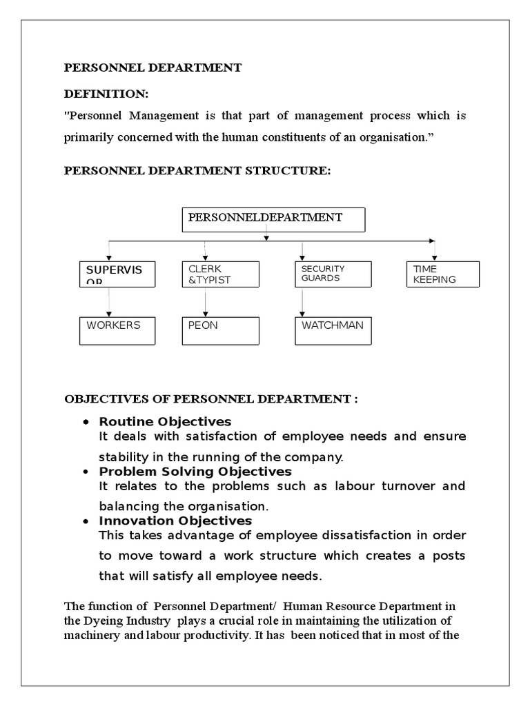 Personnel Department Definition:: Supervis OR | PDF