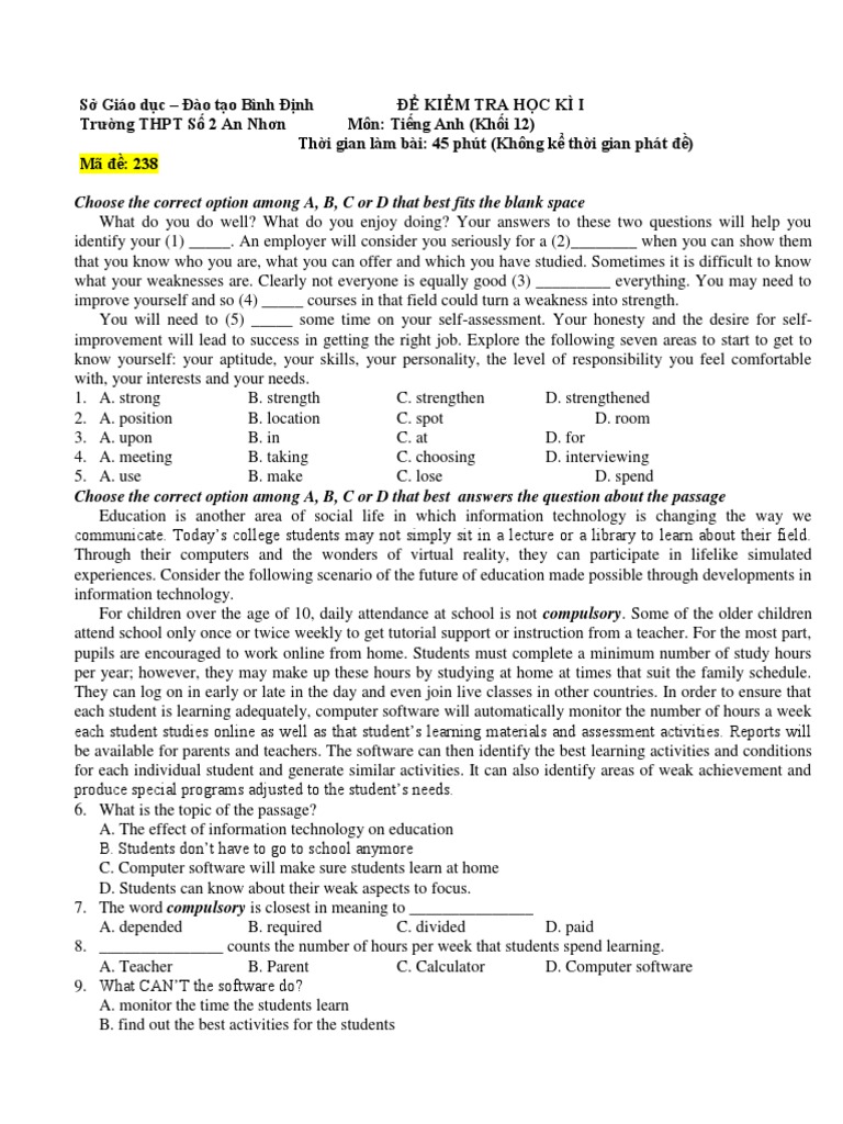 Tong Hop de Thi HKI Tieng Anh Lop 12. | PDF | Teachers | Educational Assessment