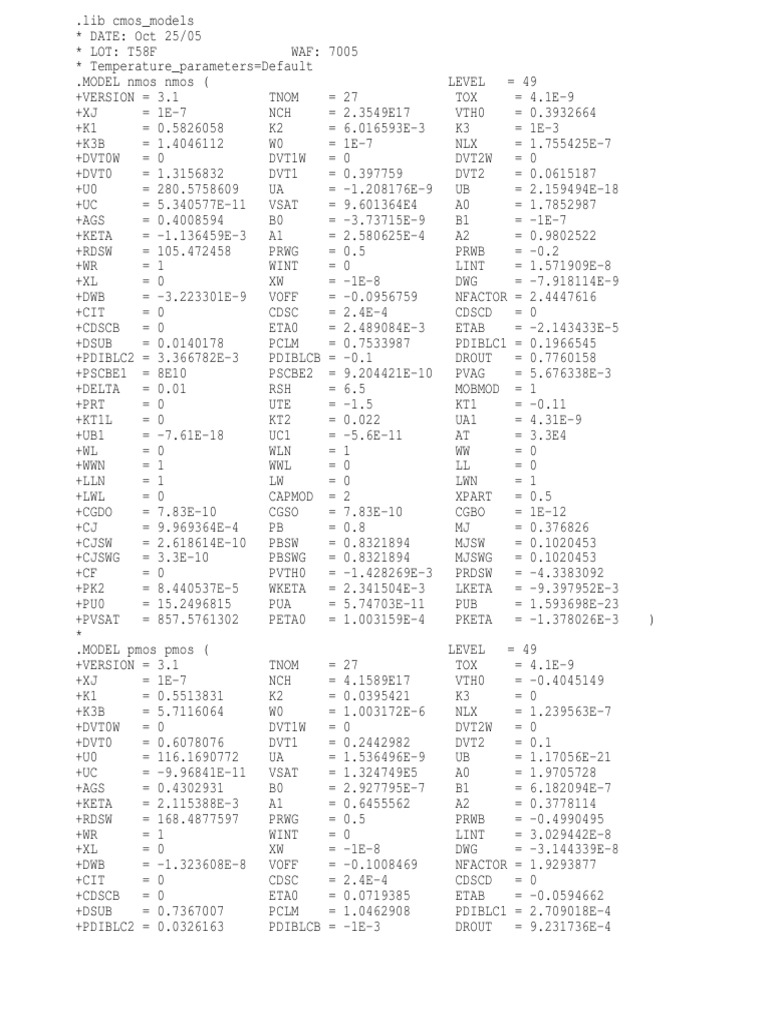 TSMC 180nm CMOS Model Parameters | PDF