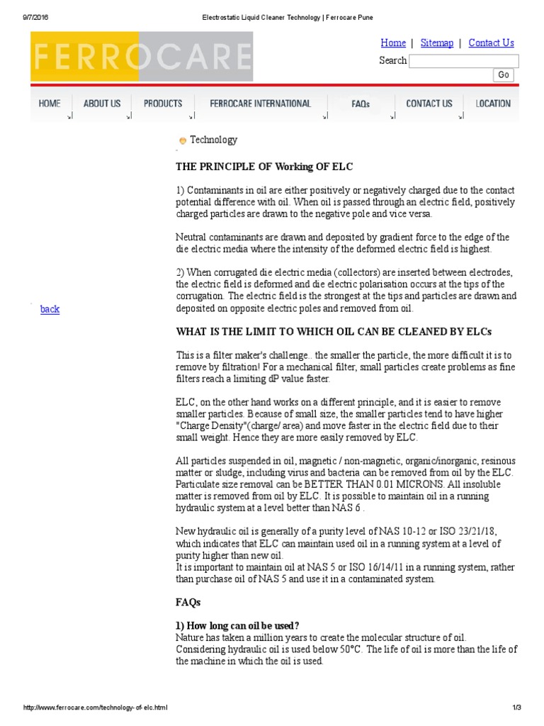 Electrostatic Liquid Cleaner Technology - Ferrocare Pune | PDF ...