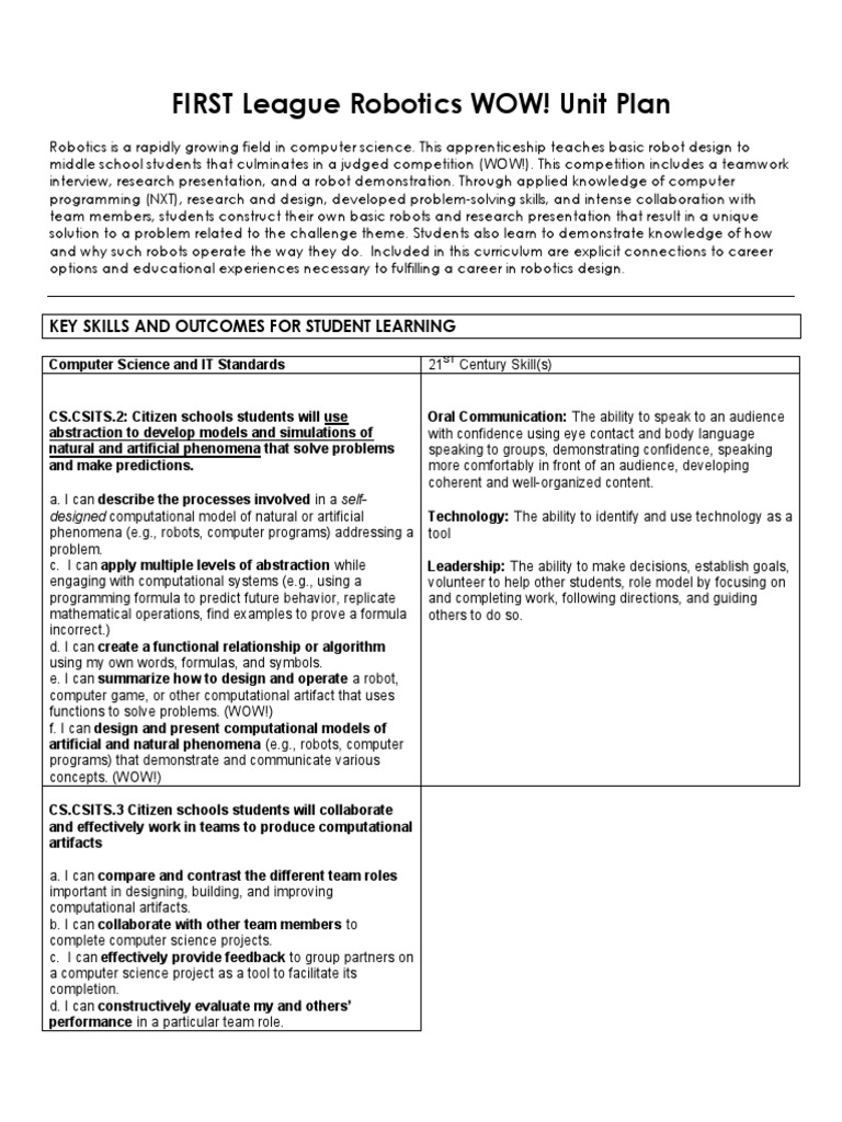 FIRST League Robotics WOW! Unit Plan: Key Skills and Outcomes For ...