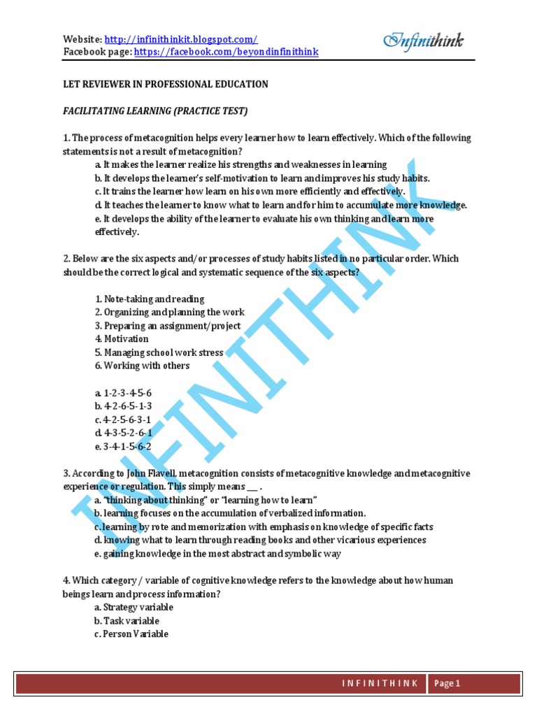 Professional Education Facilitating Learning 1 | PDF | Metacognition | Learning