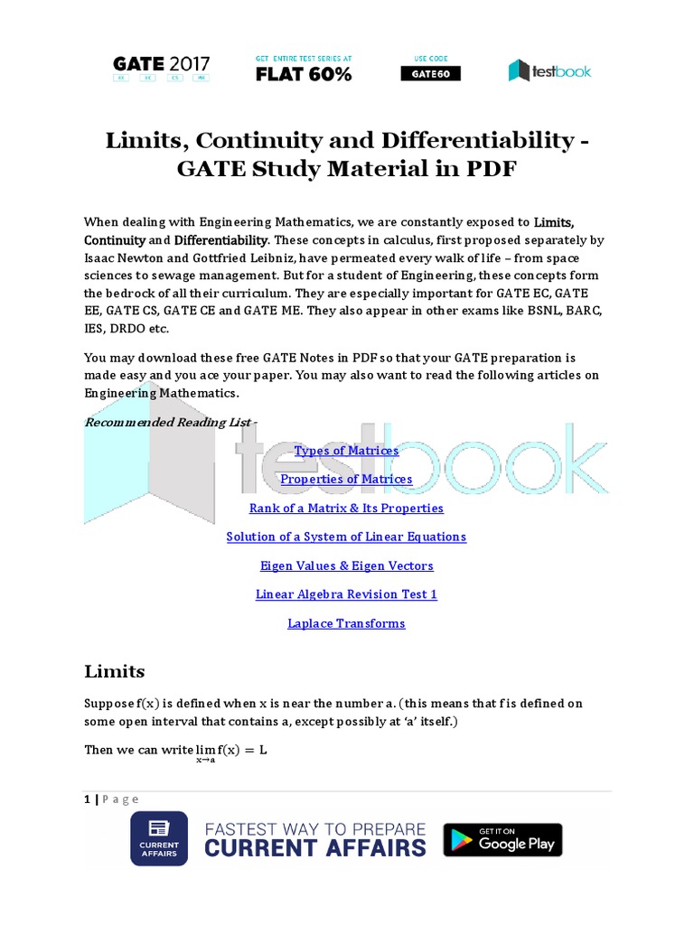 Limits, Continuity and Differentiability - GATE Study Material in PDF | PDF | Derivative ...