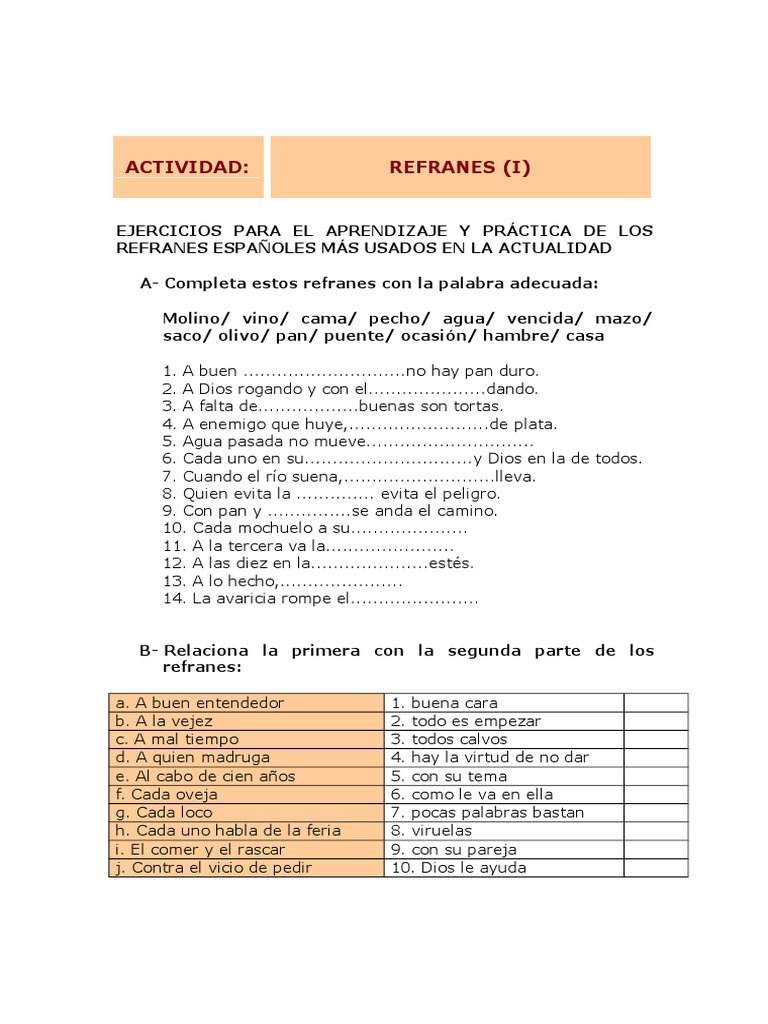 Ejercicios Refranes | PDF | Alimentos