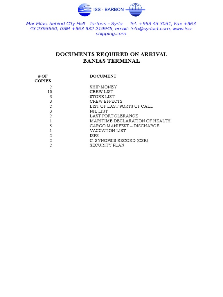 Required Documents for Banias Terminal | PDF