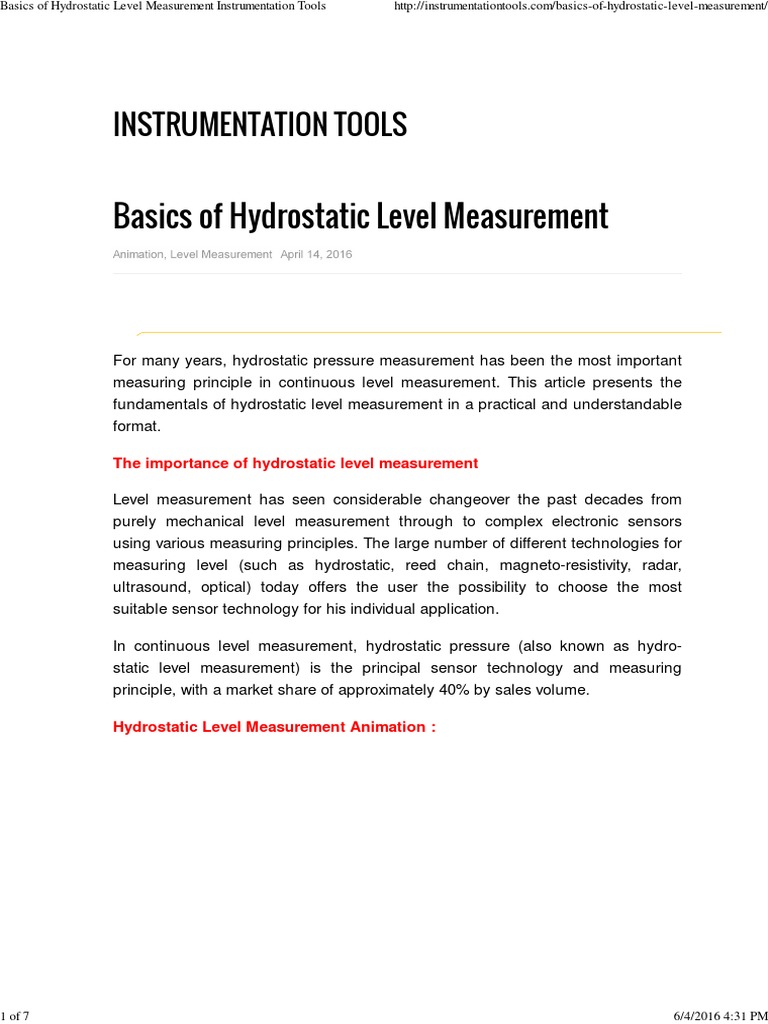 Basics of Hydrostatic Level Measurement Instrumentation Tools | PDF ...
