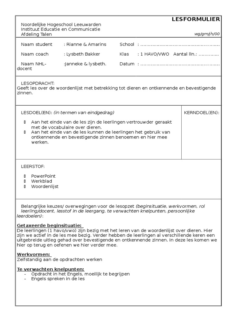 Lesformulier Deelproduct 2 - Les 1 | PDF