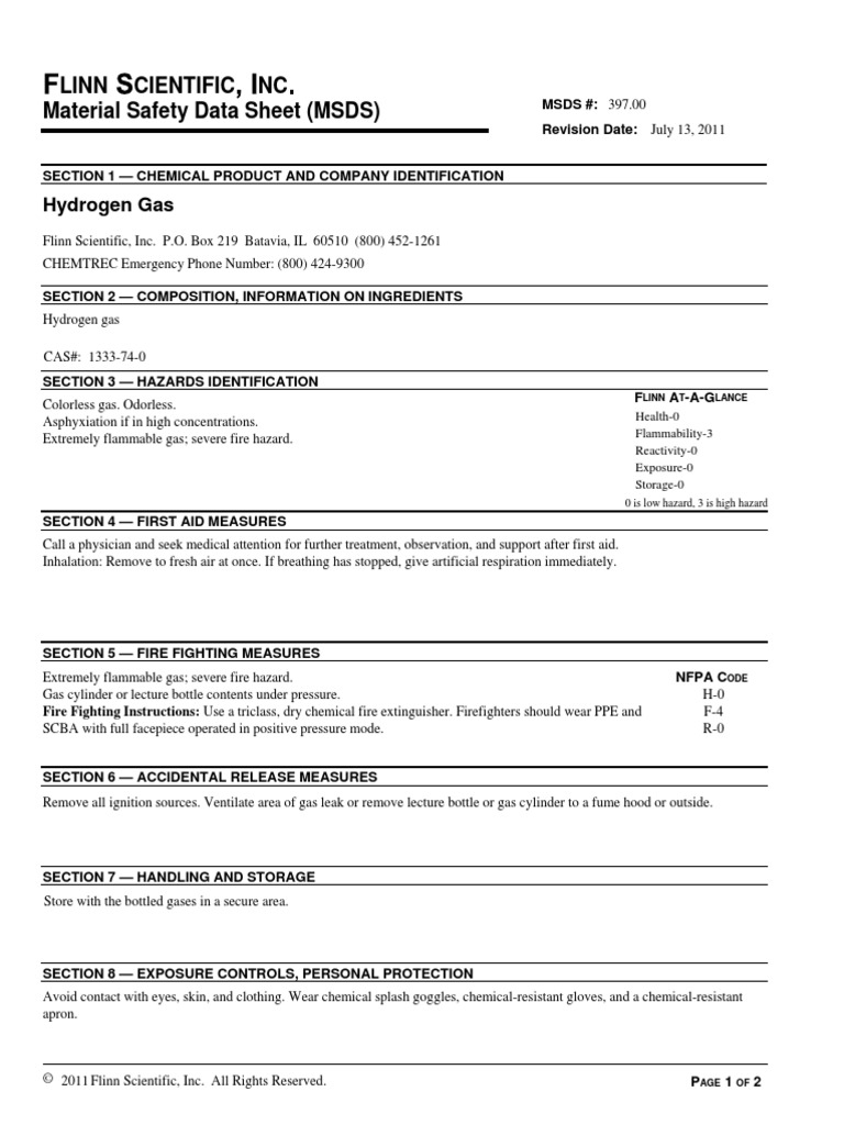 Material Safety Data Sheet (MSDS) Linn Cientific NC: Hydrogen Gas | PDF