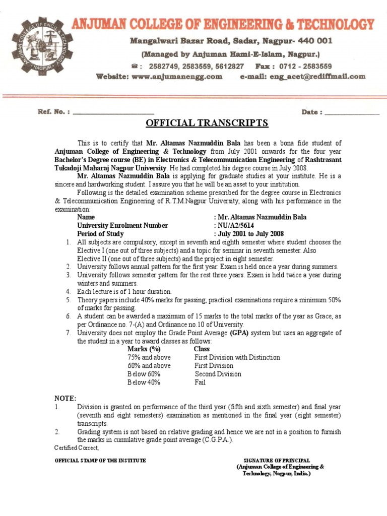 RTMNU Transcript for Altamas Bala | PDF | Grading (Education) | Electronics