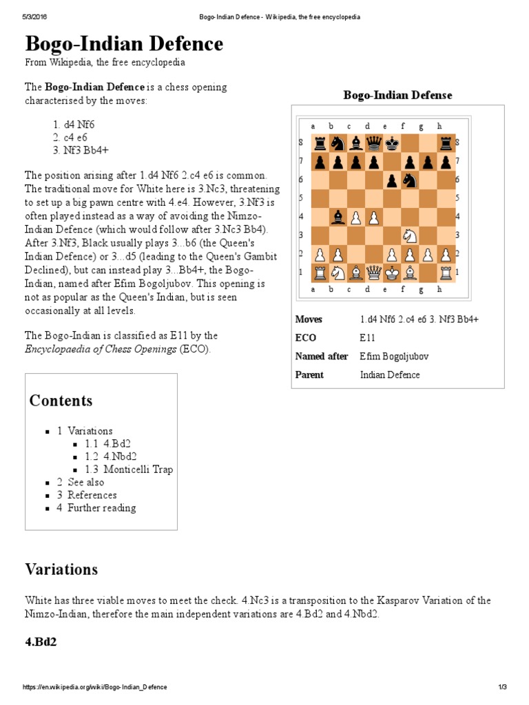 Bogo-Indian Defence - Wikipedia, The Free Encyclopedia | PDF | Chess ...