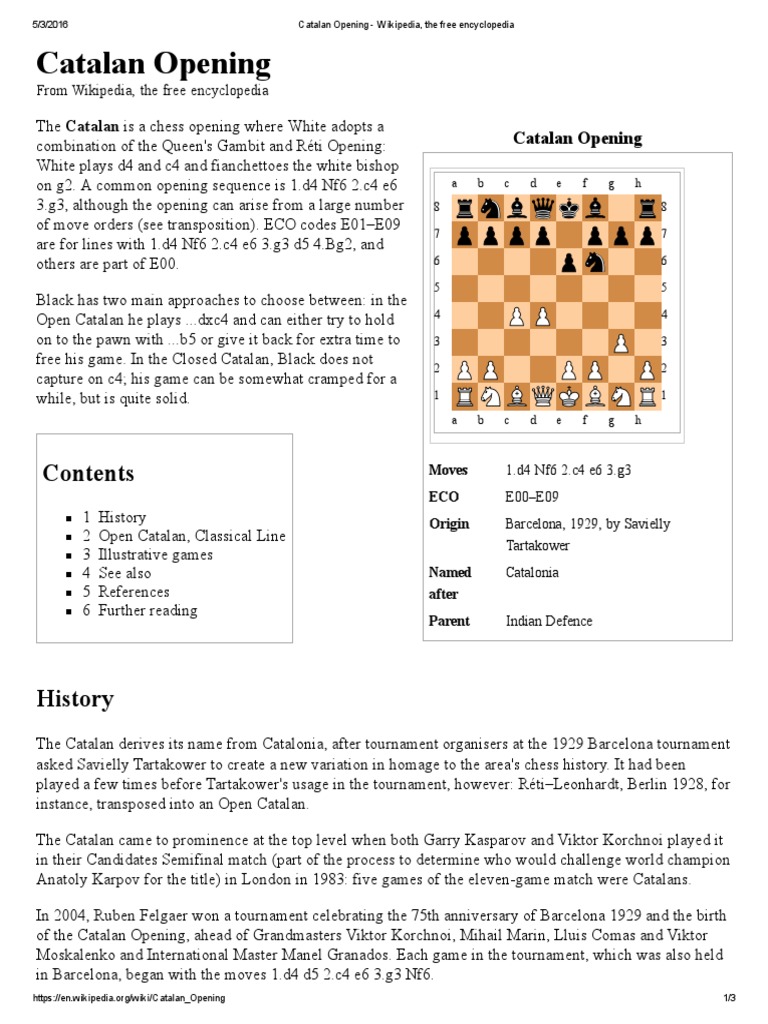 Catalan Opening - Wikipedia, The Free Encyclopedia | PDF | Chess ...