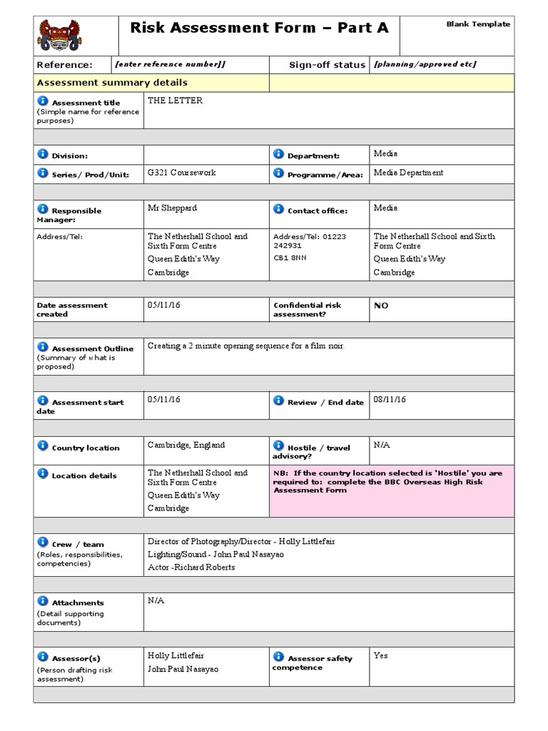 Risk Assessment Form - Part A: Reference: Sign-Off Status Assessment ...