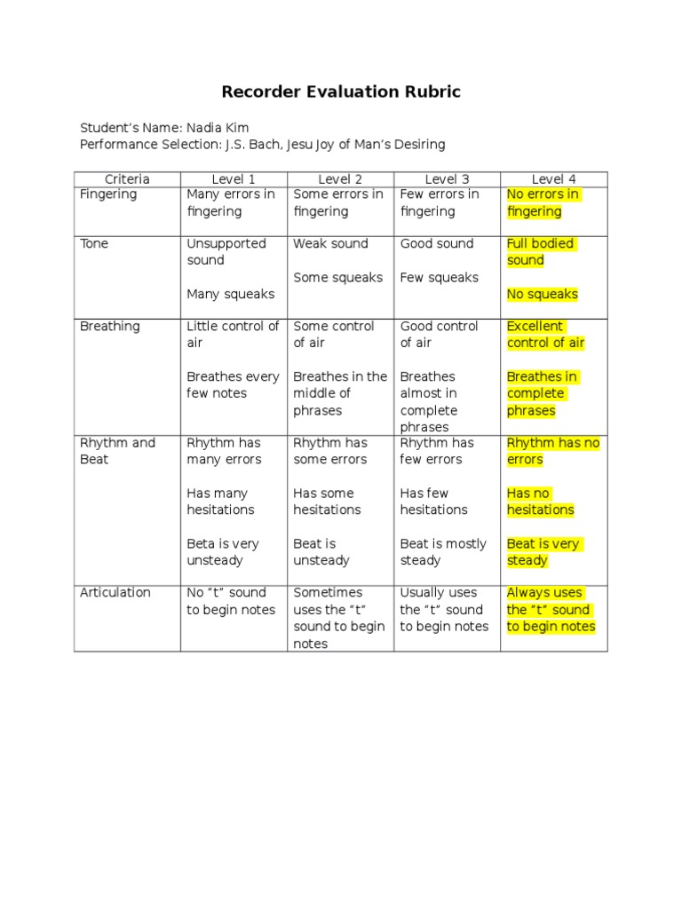 Recorder Evaluation Rubric | PDF