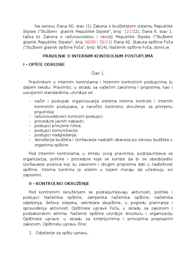 Pravilnik o Internim Kontrolnim Postupcima | PDF