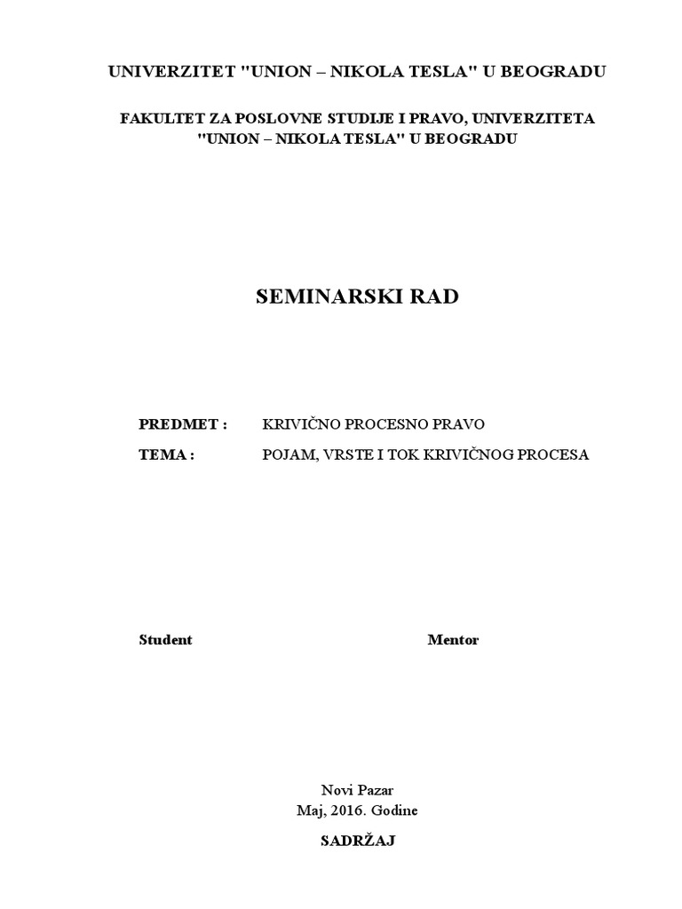 Seminarski - Pojam, Vrste I Tok Krivicnog Postupka | PDF