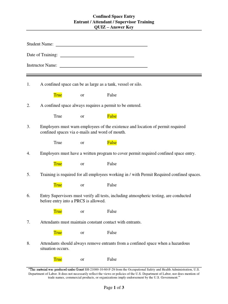 Confined Space Quiz Answer Key | Safety | Labour Relations