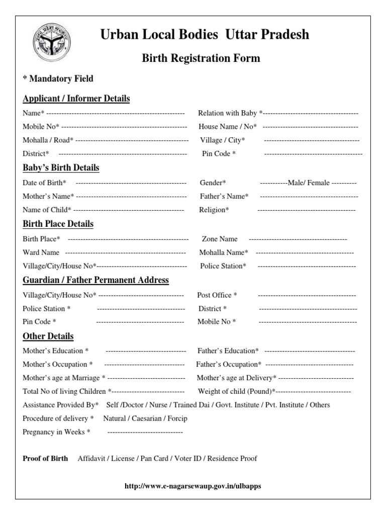 Urban Local Bodies Uttar Pradesh: Birth Registration Form | PDF