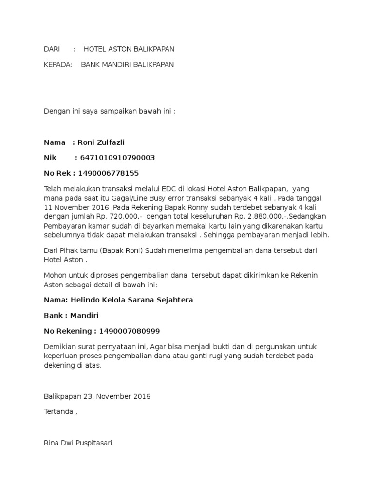 CONTOH SURAT Pengembalian Dana DEPOSIT | PDF