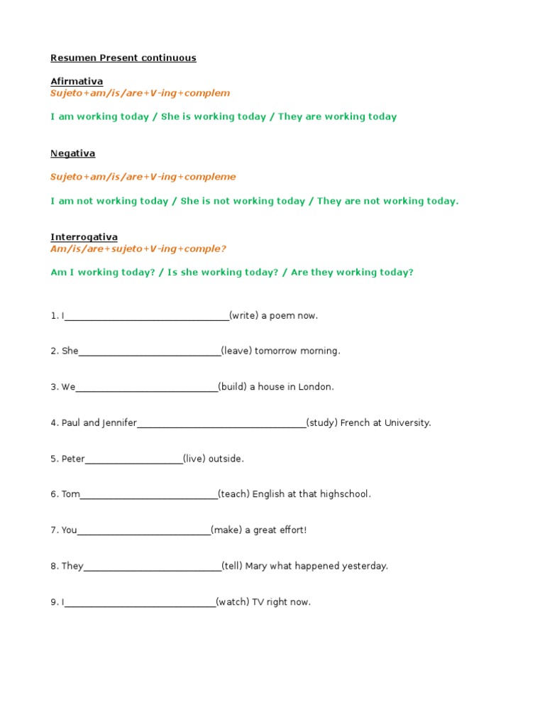 Ejercicio Presente Continuo | PDF