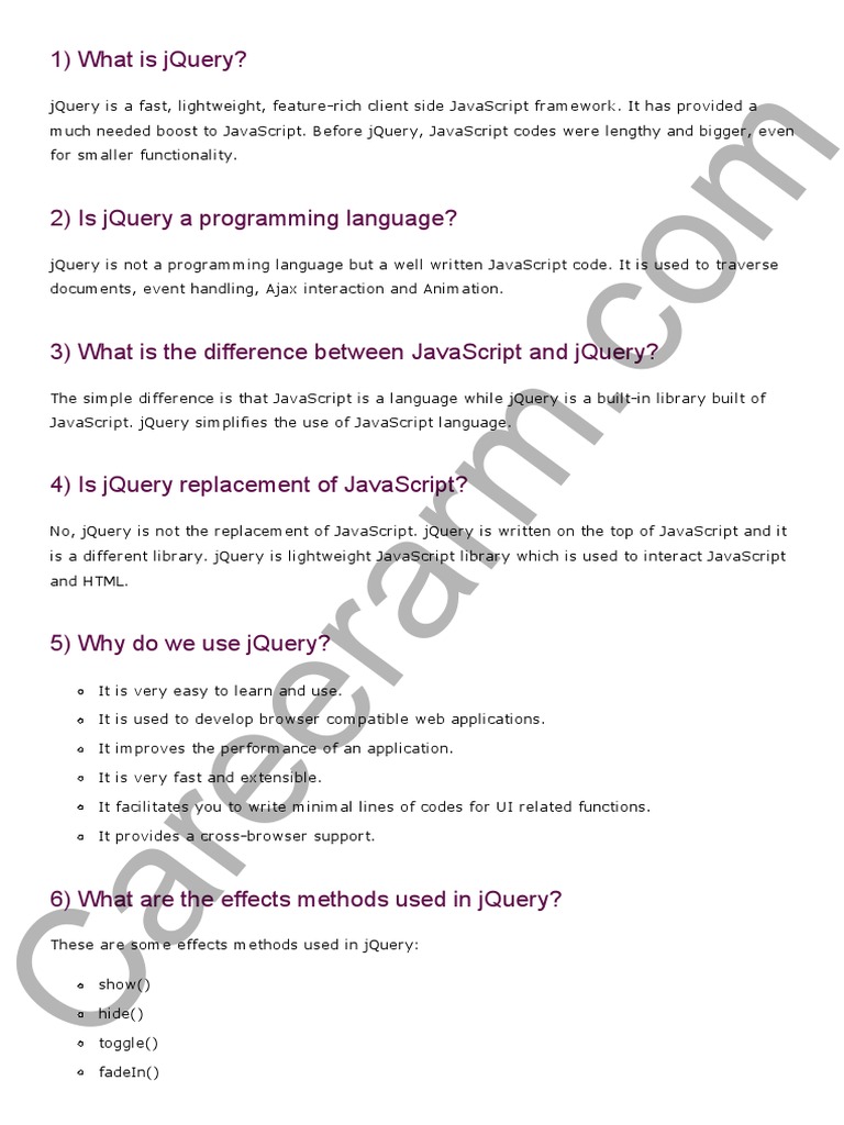 JQuery Interview Questions and Answers | PDF | J Query | Java Script