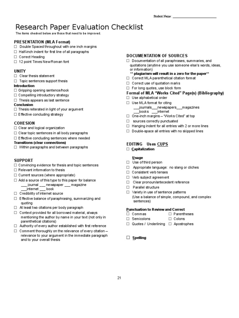 Research Paper Evaluation Checklist | PDF