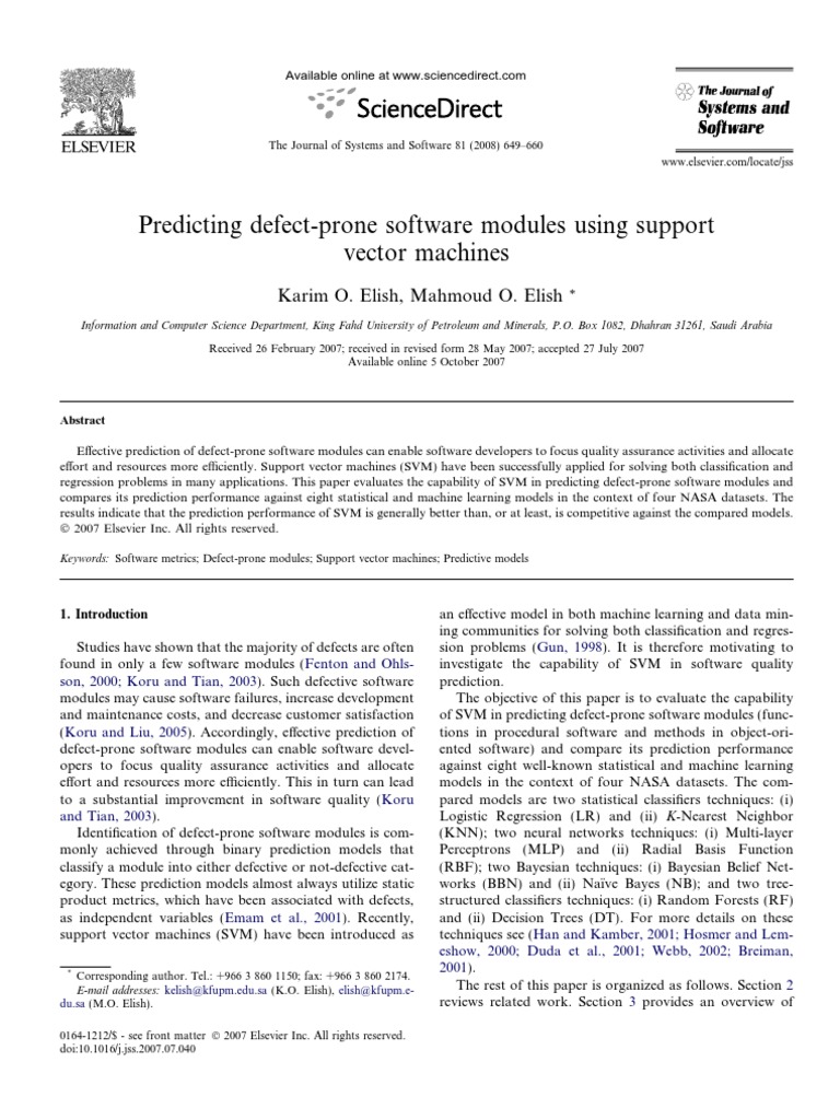 Predicting Defect Prone Software Modules Using Support Vector Machines Pdf Support Vector