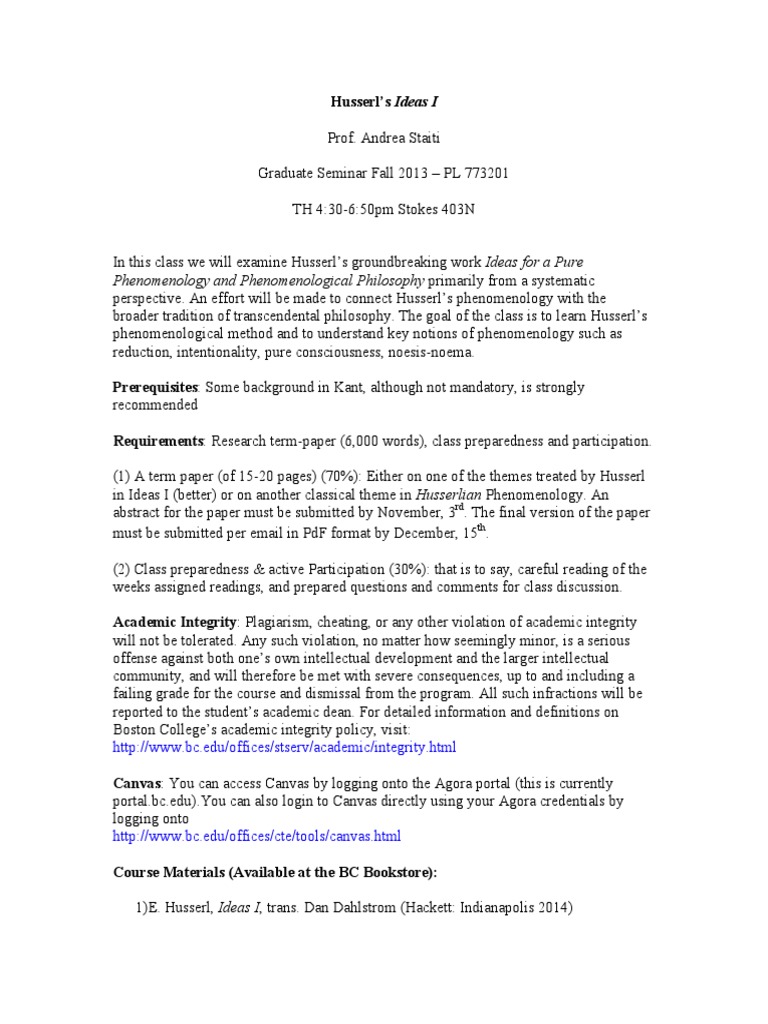 Husserl Ideas I Fall 2016 | Edmund Husserl | Phenomenology (Philosophy)