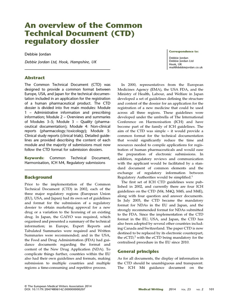 An Overview of The Common Technical Document (CTD) Regulatory Dossier ...