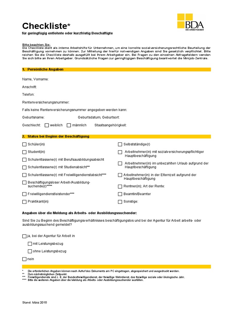 Checkliste BDA Personalfragebogen | PDF