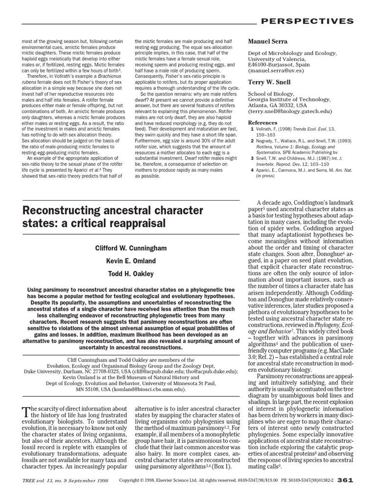 Cunningham - Reconstructing Ancestral Character | PDF | Phylogenetic Tree | Biology