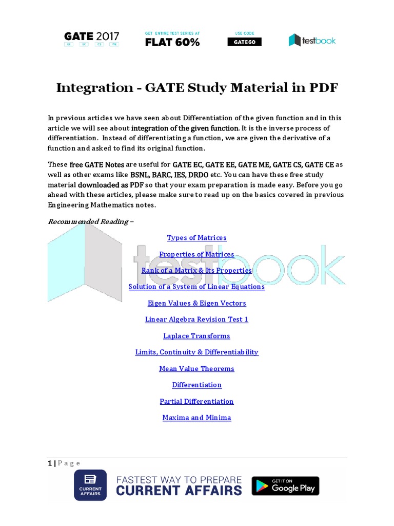 GATE Integration Study Guide | PDF | Trigonometric Functions | Matrix ...