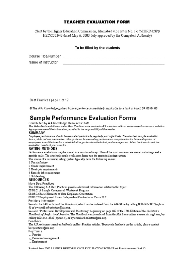 Sample Teacher Evaluation For Performance