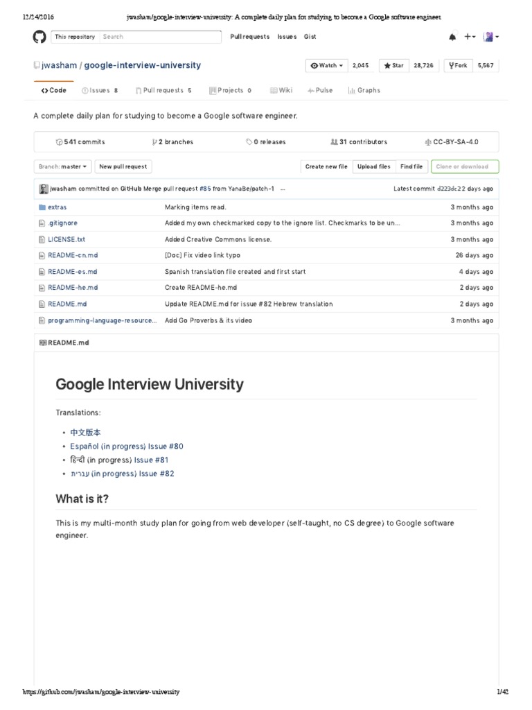 Jwasham - Google-Interview-University - A Complete Daily Plan For Studying To Become A Google ...