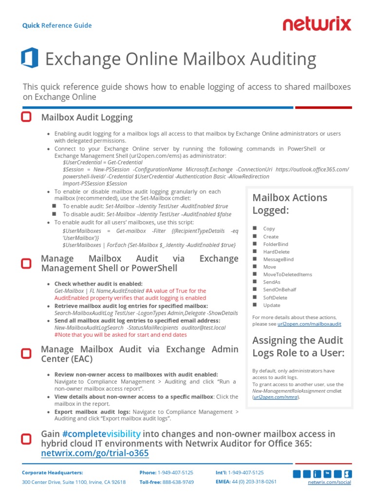 Exchange Online Mailbox Auditing Quick Reference Guide PDF | PDF ...
