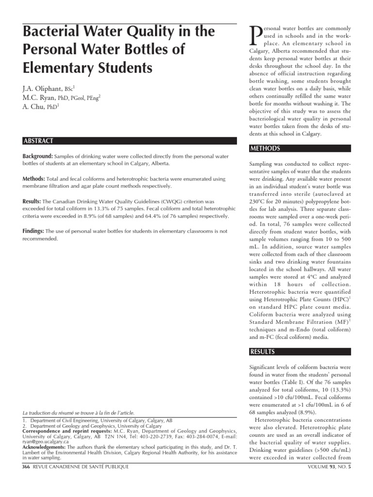 Bacterial Water Quality in The Personal Water Bottles of Elementary ...