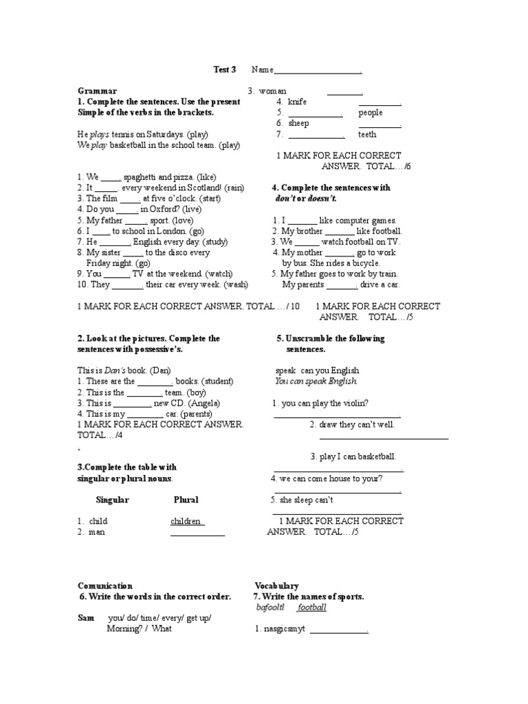 3d Test 5th Grade PDF Grammatical Number Syntax