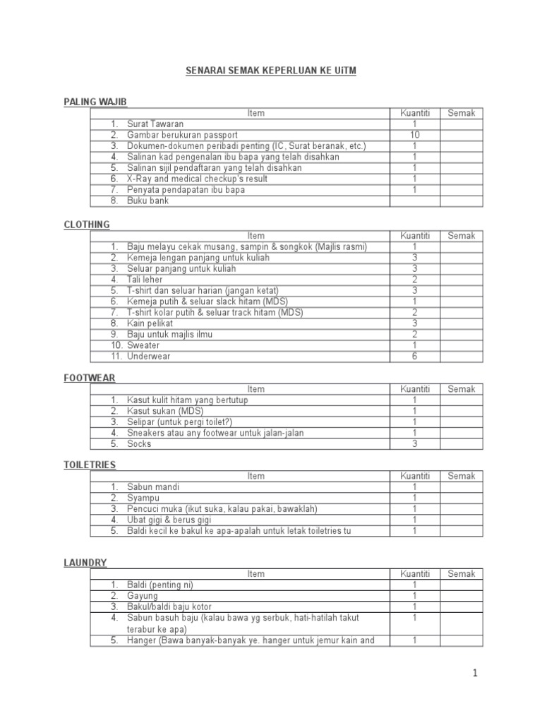 Senarai Keperluan Ke Uitm | PDF