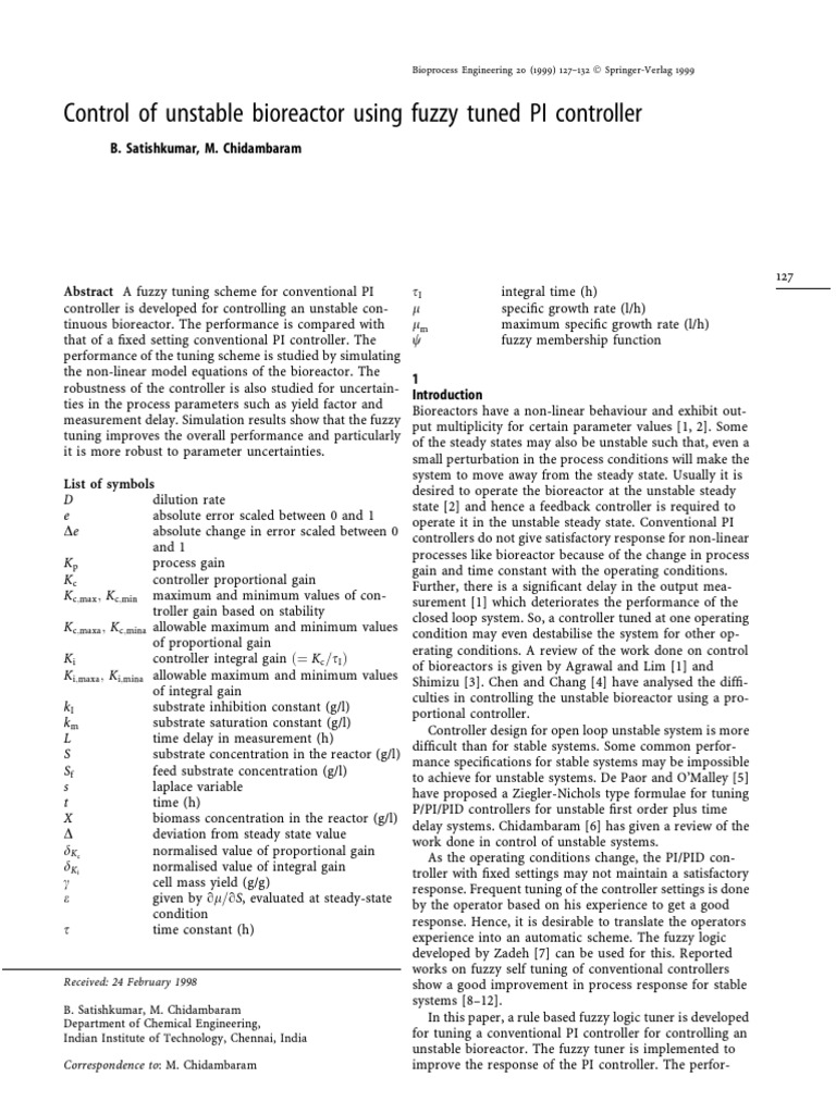 Control of Unstable Bioreactor Using Fuzzy Tuned PI Controller | PDF