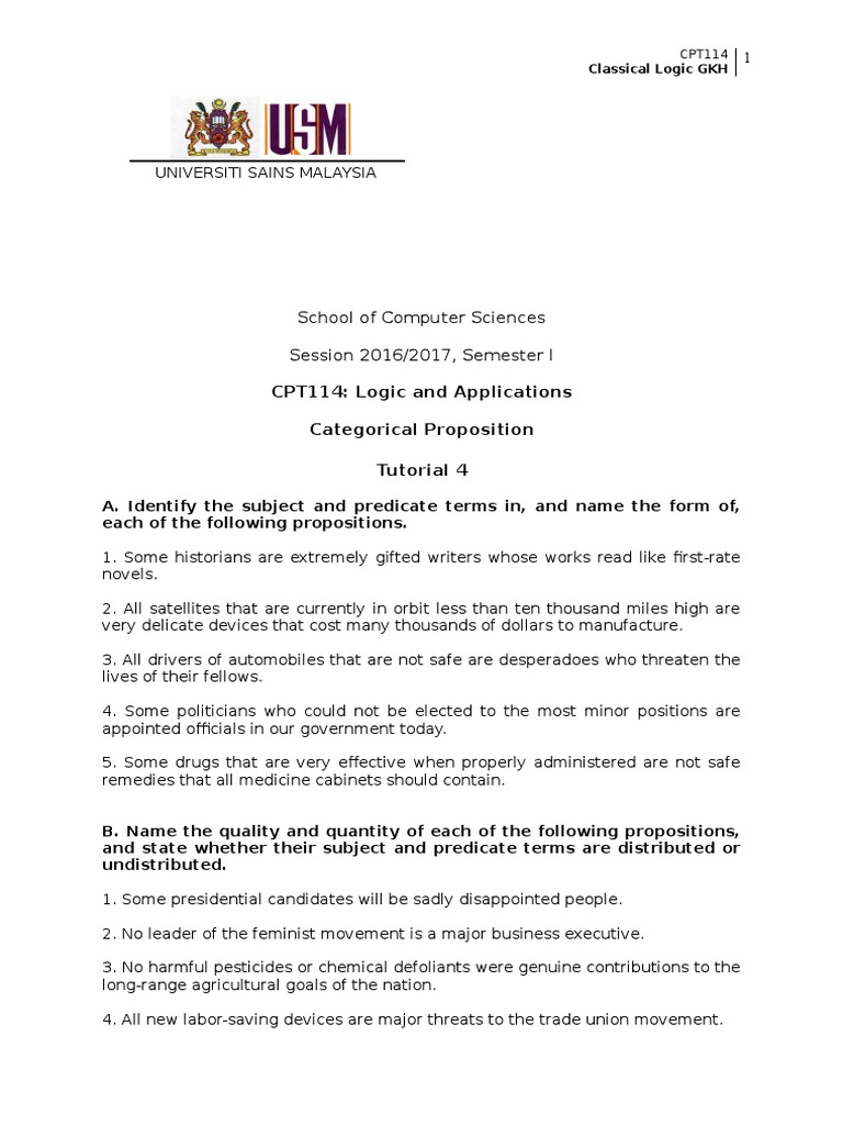 CPT114 GKH Classical Logic Tutorial 4 | PDF | Logical Expressions | Syntax (Logic)