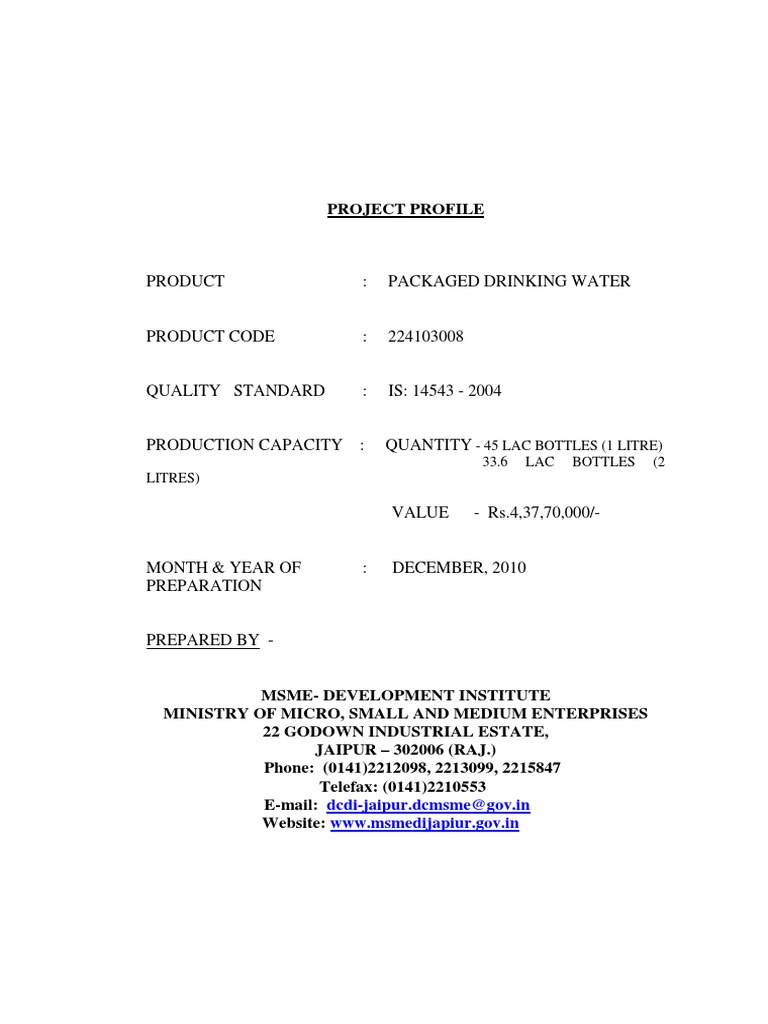 Packaged Drinking Water-Project Profile | PDF | Drinking Water | Water ...