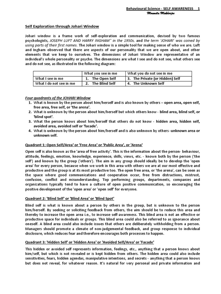 Understanding the Johari Window Model | PDF | Self Awareness | Self ...