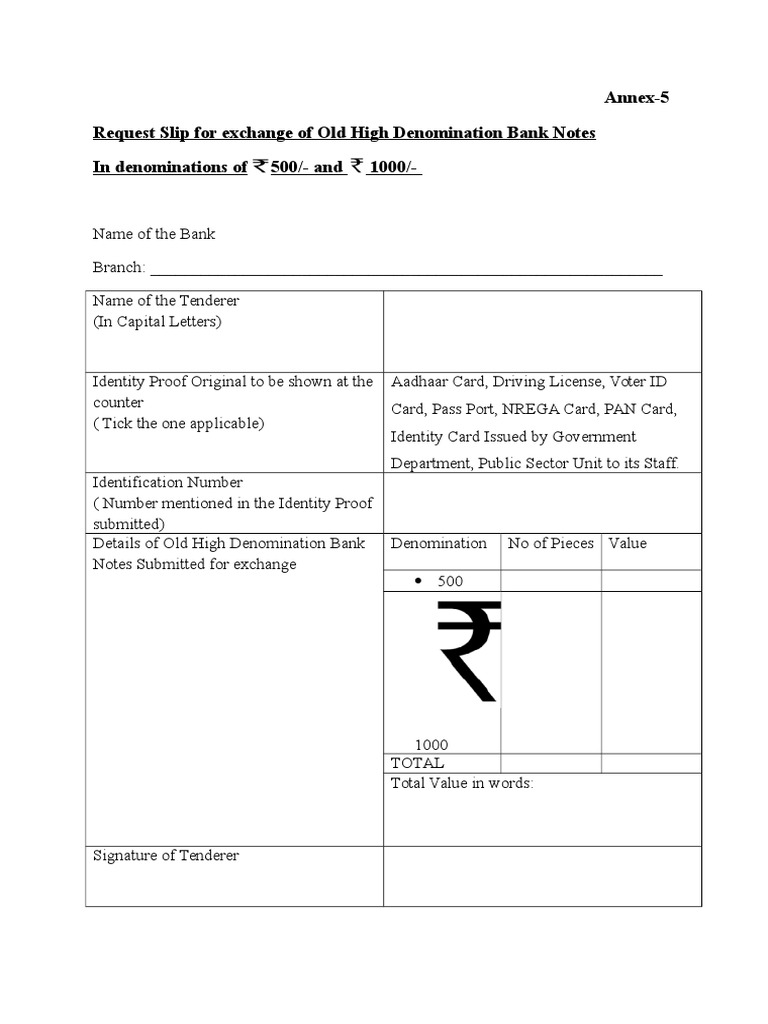 Annex-5 Request Slip For Exchange of Old High Denomination Bank Notes ...