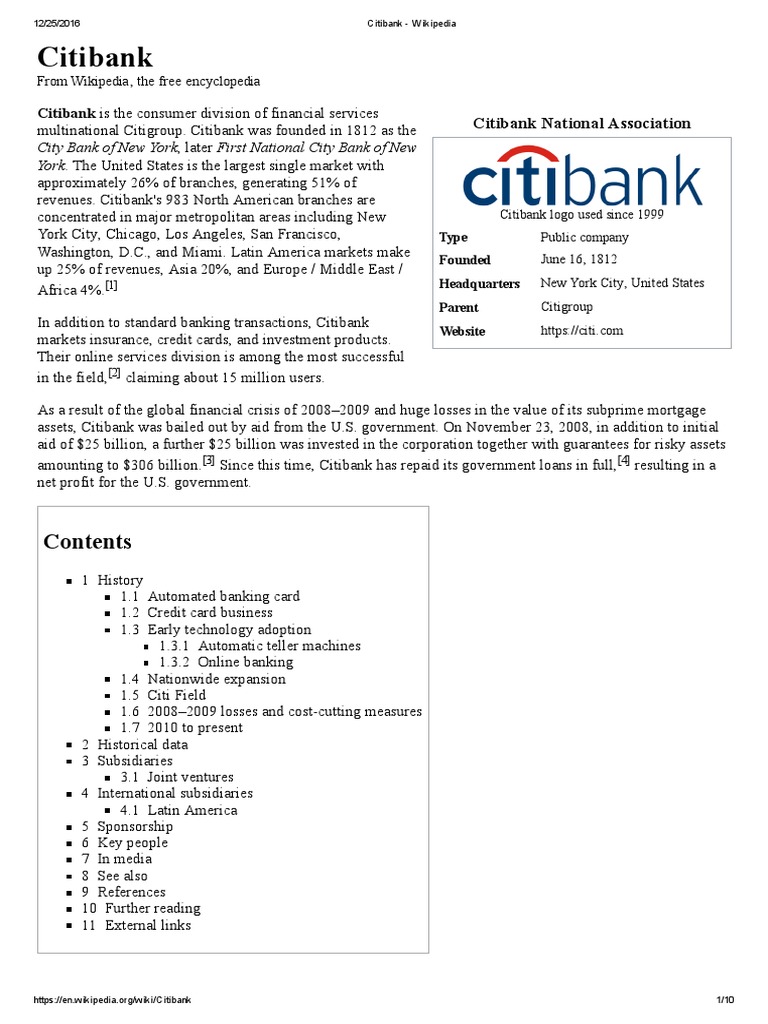 A Brief History of Citibank from its Founding in 1812 to its Government ...