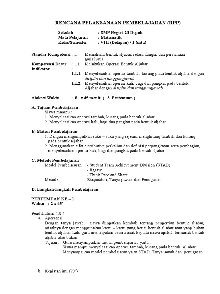 RPP Matematika Kelas 8 Ganjil | PDF